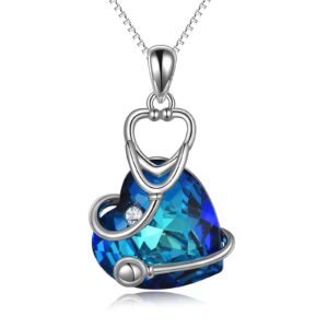 aoboco nurse jewelry gifts for women sterling silver stethoscope necklace with blue heart crystal