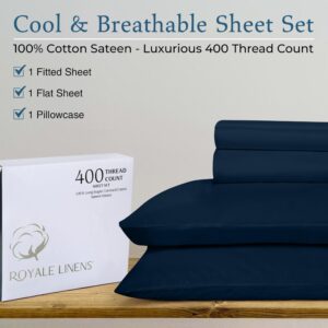 ROYALE LINENS 400 Thread Count 100% American Grown Cotton 4 Piece Sateen Queen Sheet Set - 1 Fitted Sheet, 1 Flat Sheet, 2 Pillow case - Navy Queen Bedsheet - Cotton Sheets - (Queen, Rivera Navy)