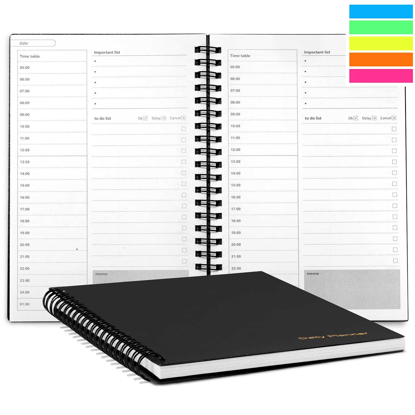 QICENCK Daily Planner, Undated Hourly Planner 150 Pages,To Do List Notebook, Time Management Manual and Planner, 5.2"x7.5" Black