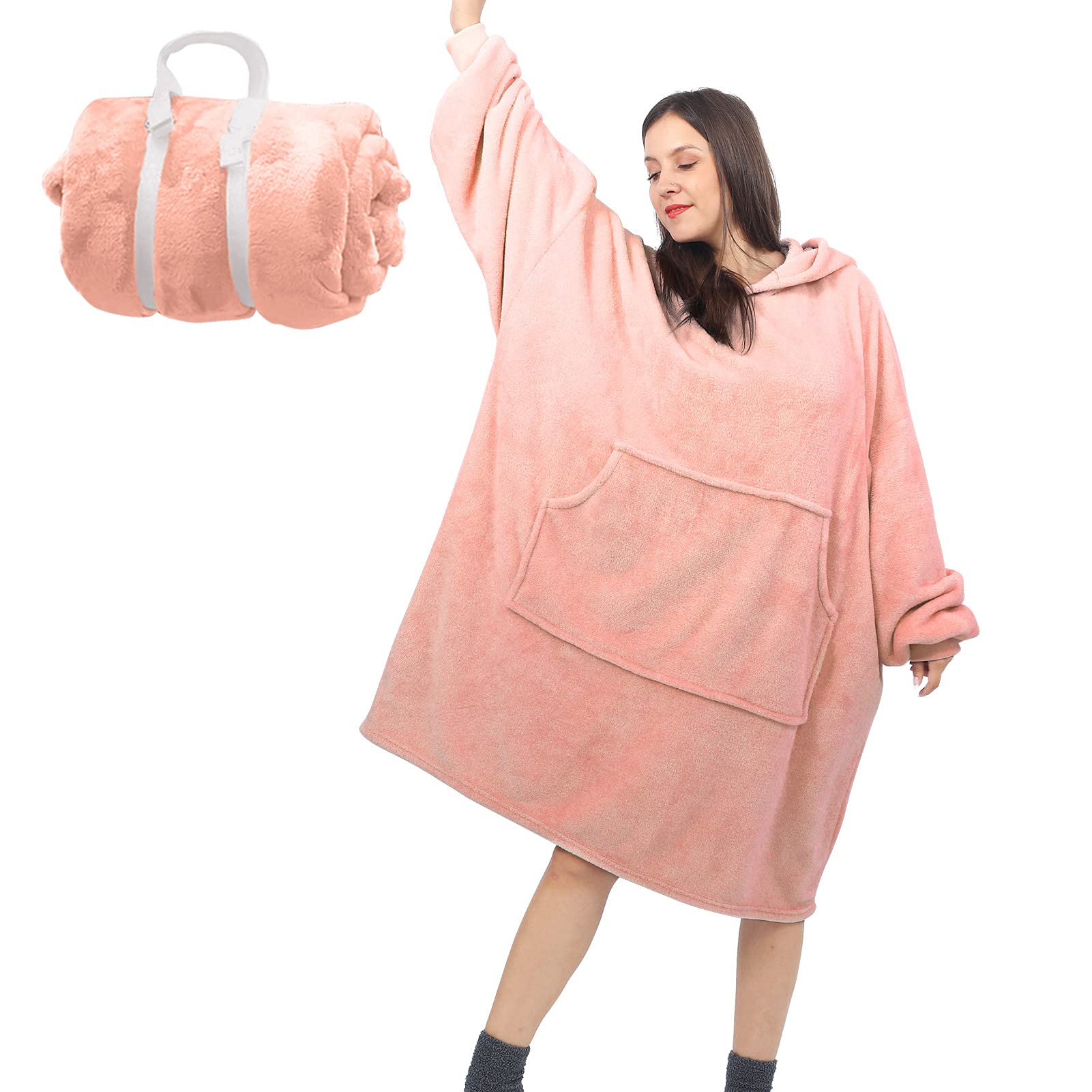 Daverose Oversized Wearable Blanket Hoodie for Women Men Adults, Fleece Hoodie Blanket Sweatshirt with Giant Hood & Pocket for Teens, Cozy Hooded Blanket as A Gift Indoor & Outdoor, Light Pink