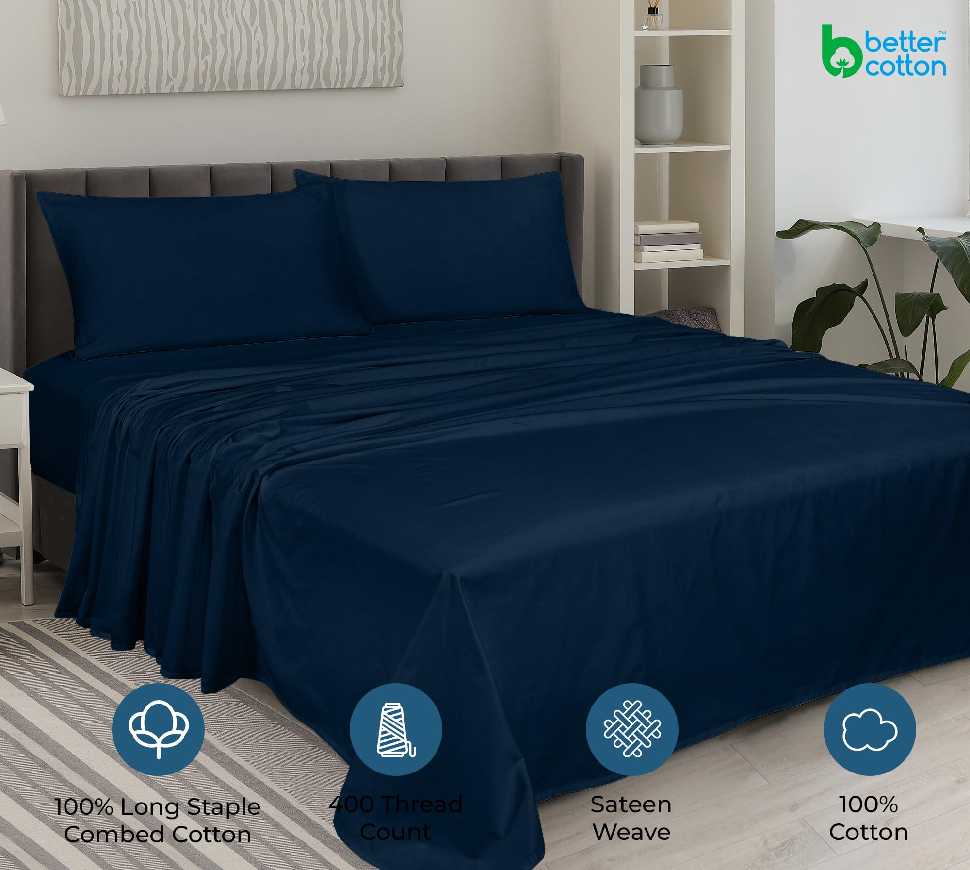 ROYALE LINENS 400 Thread Count 100% American Grown Cotton 4 Piece Sateen Queen Sheet Set - 1 Fitted Sheet, 1 Flat Sheet, 2 Pillow case - Navy Queen Bedsheet - Cotton Sheets - (Queen, Rivera Navy)