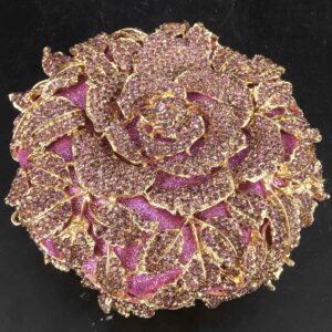 Boutique De FGG Round Rose Flower Purple Crystal Clutch Purses Women Formal Evening Bags Wedding Party Rhinestone Handbags