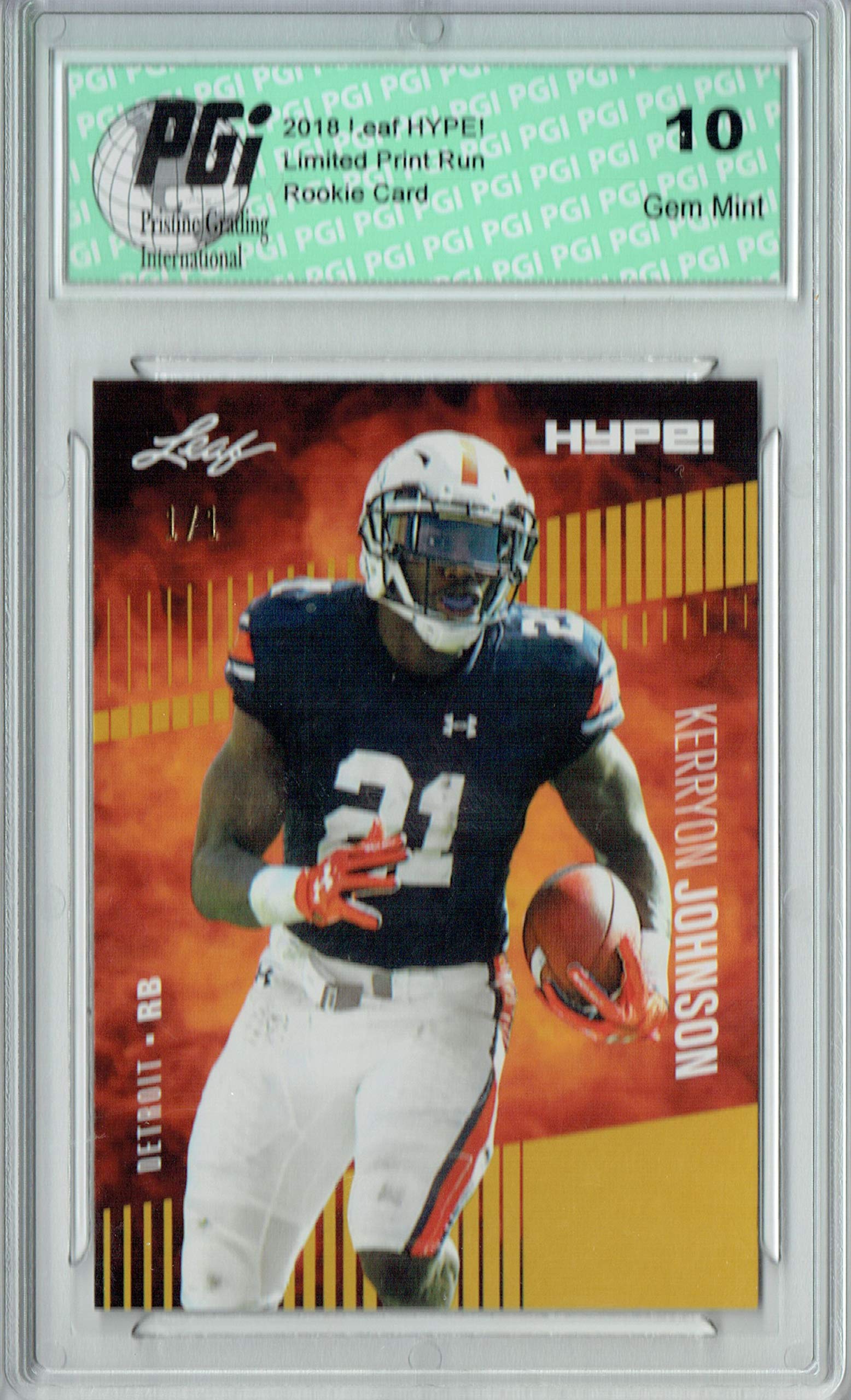 Kerryon Johnson 2018 Leaf HYPE! #14 Gold Blank Back 1 of 1 Rookie Card PGI 10