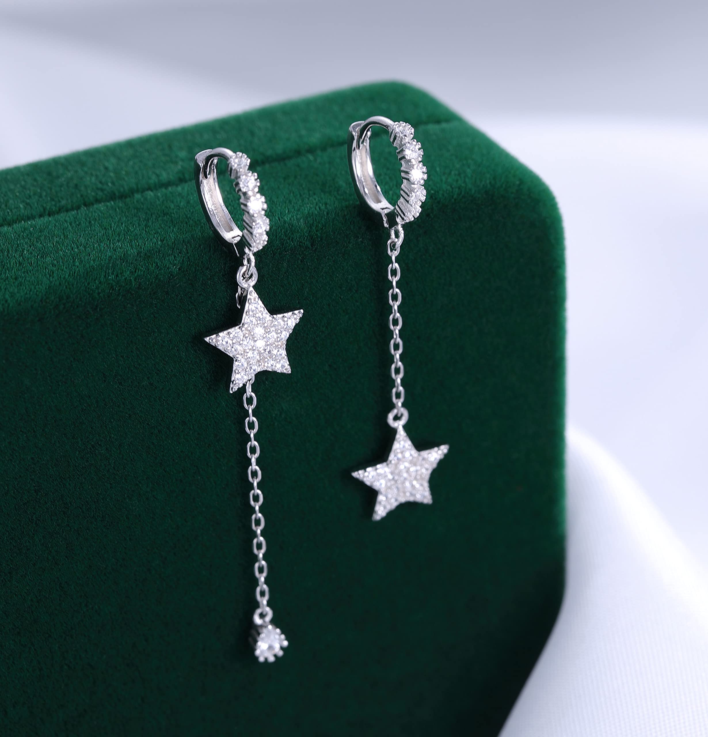 SLUYNZ 925 Sterling Silver CZ Star Dangle Hoop Earrings for Women Asymmetric Star Earrings Chain (A-Silver)