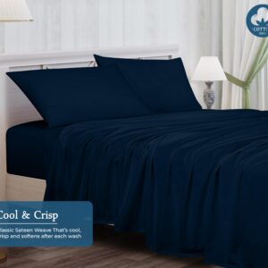 ROYALE LINENS 400 Thread Count 100% American Grown Cotton 4 Piece Sateen Queen Sheet Set - 1 Fitted Sheet, 1 Flat Sheet, 2 Pillow case - Navy Queen Bedsheet - Cotton Sheets - (Queen, Rivera Navy)