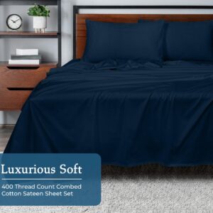 ROYALE LINENS 400 Thread Count 100% American Grown Cotton 4 Piece Sateen Queen Sheet Set - 1 Fitted Sheet, 1 Flat Sheet, 2 Pillow case - Navy Queen Bedsheet - Cotton Sheets - (Queen, Rivera Navy)