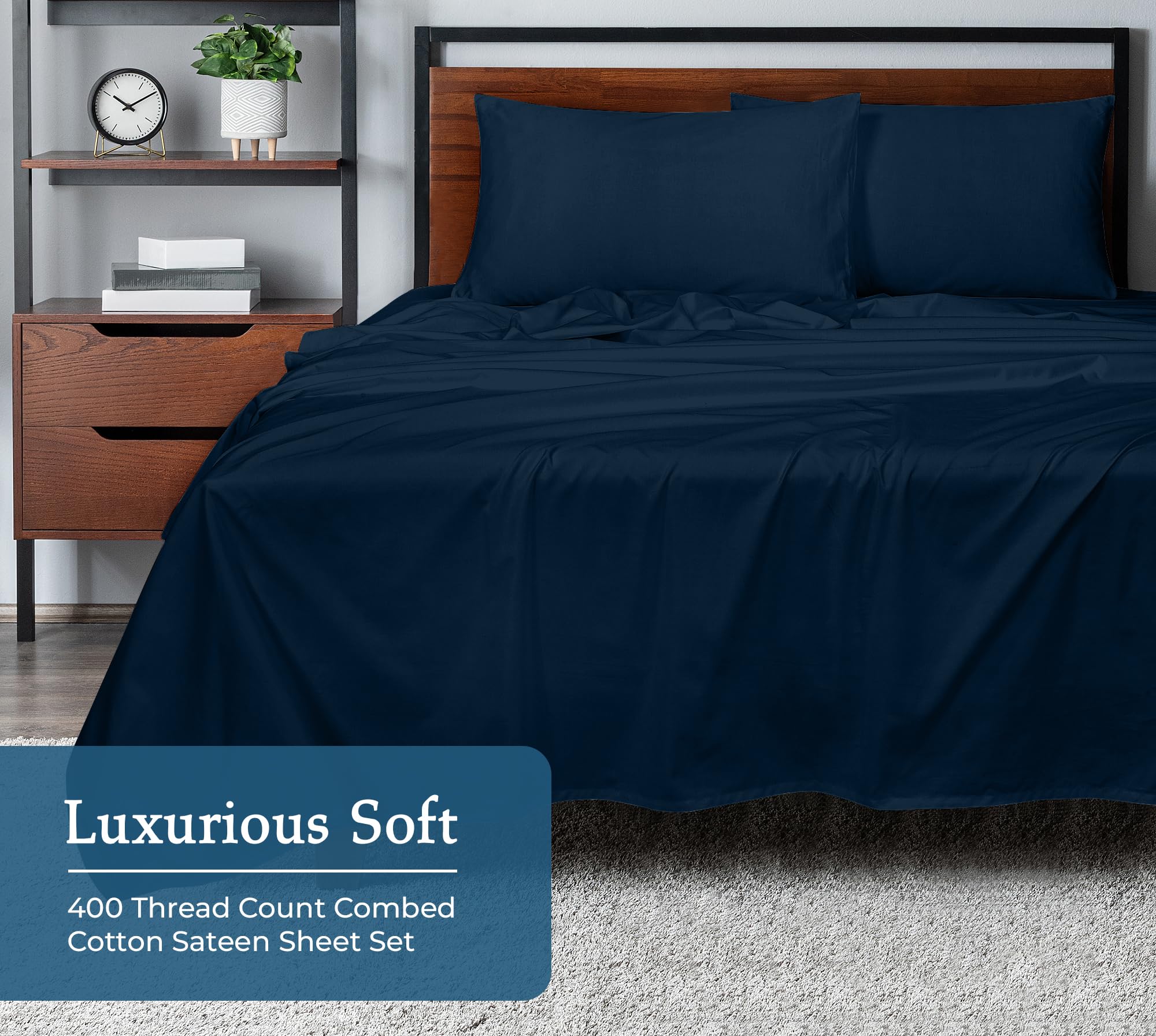 ROYALE LINENS 400 Thread Count 100% American Grown Cotton 4 Piece Sateen Queen Sheet Set - 1 Fitted Sheet, 1 Flat Sheet, 2 Pillow case - Navy Queen Bedsheet - Cotton Sheets - (Queen, Rivera Navy)