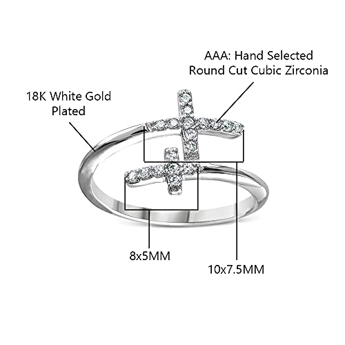 Savlano 18K White Gold Plated Round Cut Cubic Zirconia Double Sideways Cross Band Ring Women Religious Ring (6)