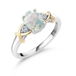 gem stone king 2 tone 10k yellow gold and 925 sterling silver oval cabochon white simulated opal and lab grown diamond women ring (1.08 cttw, available in size 5,6,7,8,9)