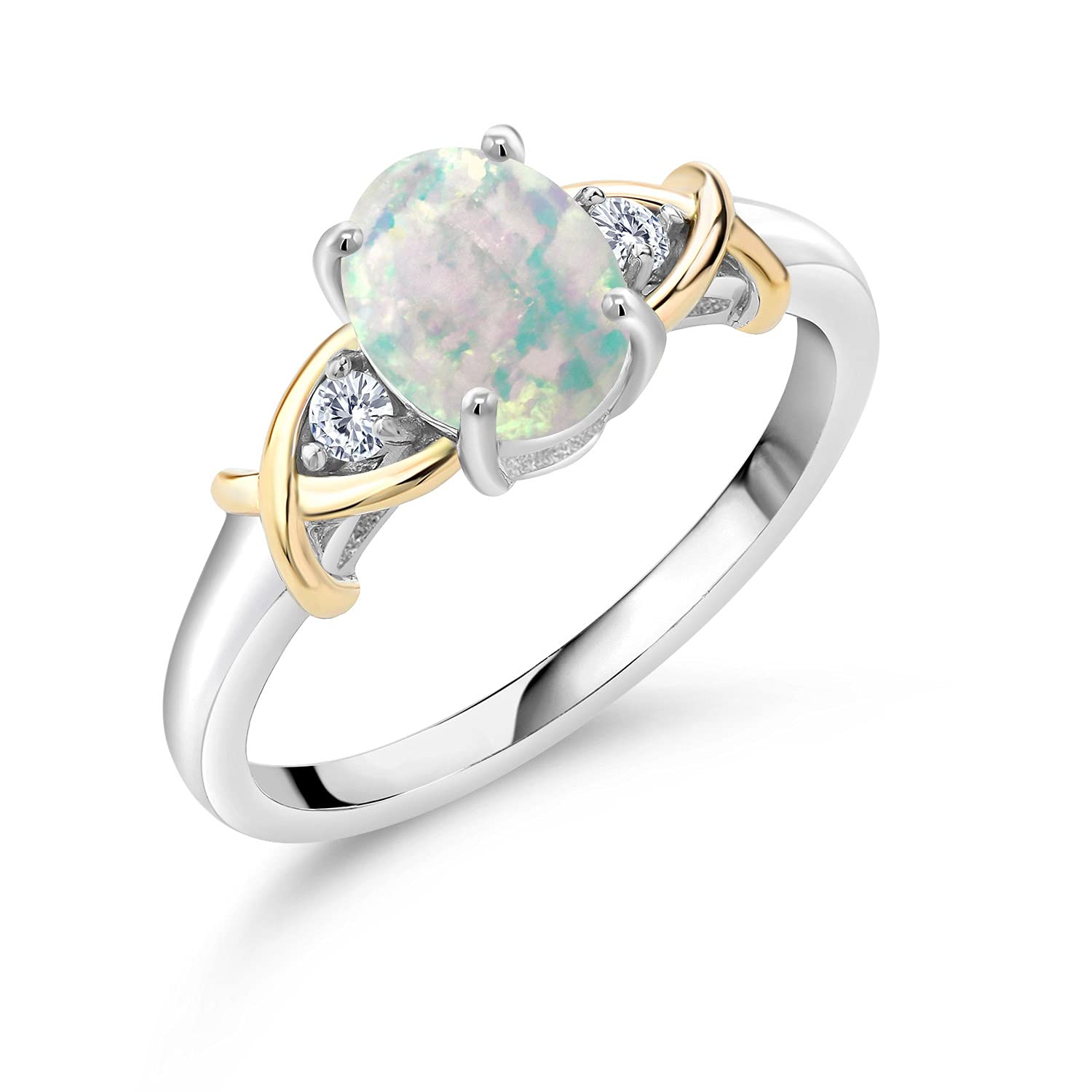 Gem Stone King 2 Tone 10K Yellow Gold and 925 Sterling Silver Oval Cabochon White Simulated Opal and Lab Grown Diamond Women Ring (1.08 Cttw, Available in Size 5,6,7,8,9)