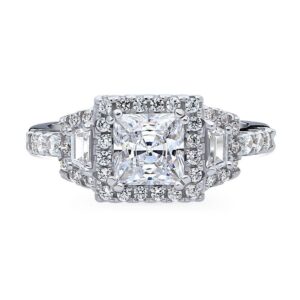 BERRICLE Sterling Silver Halo Wedding Engagement Rings Princess Cut Cubic Zirconia CZ 3-Stone Ring for Women, Rhodium Plated Size 6