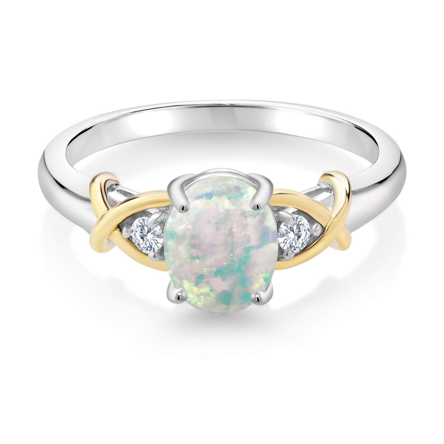 Gem Stone King 2 Tone 10K Yellow Gold and 925 Sterling Silver Oval Cabochon White Simulated Opal and Lab Grown Diamond Women Ring (1.08 Cttw, Available in Size 5,6,7,8,9)