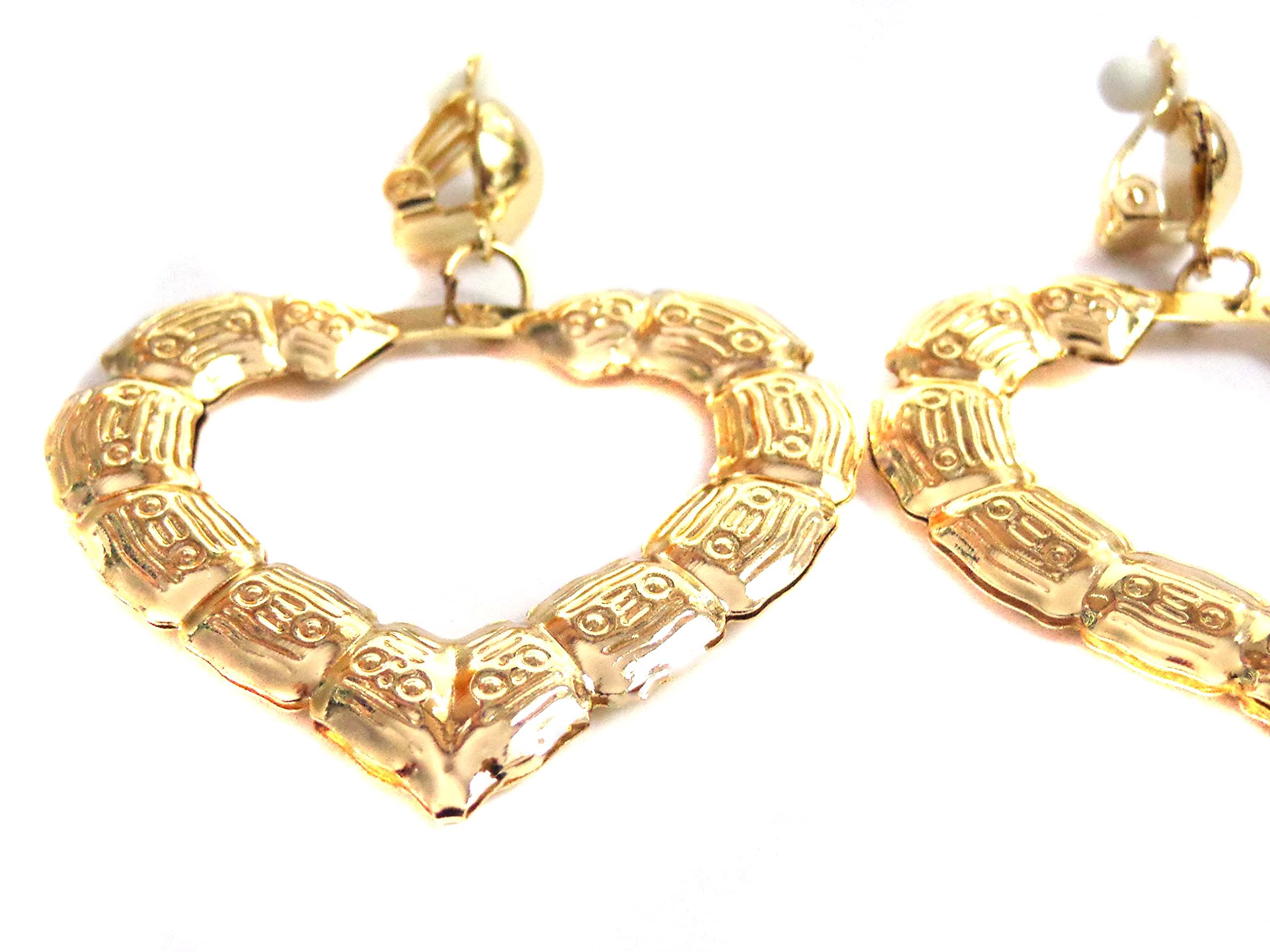 Clip-on Earrings Gold Tone Heart Bamboo Hoop Earrings 2 inch Retro Earrings