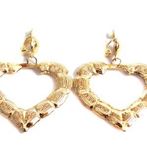 Clip-on Earrings Gold Tone Heart Bamboo Hoop Earrings 2 inch Retro Earrings