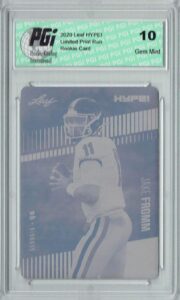 jake fromm 2020 leaf hype! #34 1/1 plate cyan rookie card pgi 10