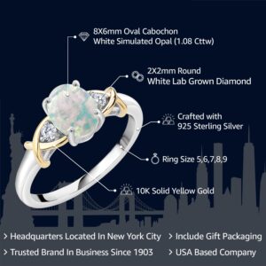 Gem Stone King 2 Tone 10K Yellow Gold and 925 Sterling Silver Oval Cabochon White Simulated Opal and Lab Grown Diamond Women Ring (1.08 Cttw, Available in Size 5,6,7,8,9)