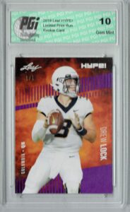 drew lock 2019 leaf hype! #19 purple blank back 1 of 1 rookie card pgi 10