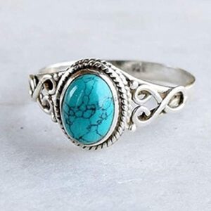 Gixaxak Turquoise Moonstone Ring Women's 925 Sterling Silver Ring Oval Cut Natural Bohemia Turquoise Jewelry Birthday Proposal Hollow Engagement Party Band Rings 6