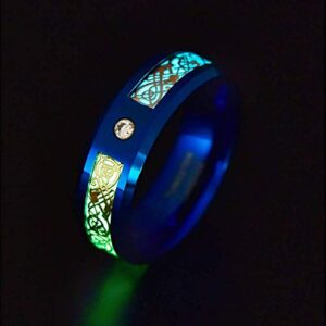 8mm Glow in The Dark Dragon Ring Royal Blue Stainless Steel Wedding Band Celtic Dragons Aurora Luminous Ring (8), Royal Blue,Blue