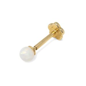 jewelryweb - solid 14k yellow gold 18g 3mm created white fire opal labret cartilage stud -tragus ear lip ring - hypoallergenic flat back single earring