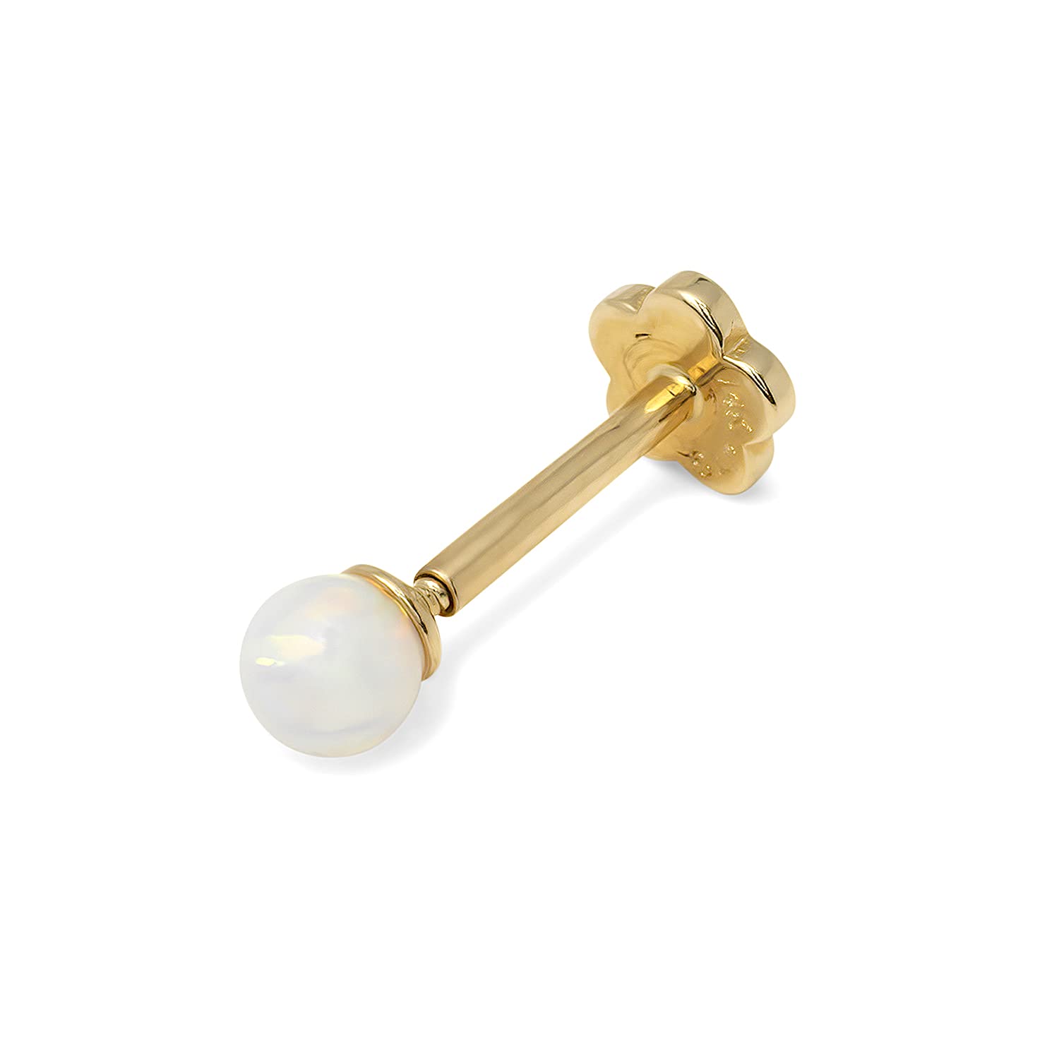 JewelryWeb - Solid 14k Yellow Gold 18G 3mm Created White Fire Opal Labret Cartilage Stud -Tragus Ear Lip Ring - Hypoallergenic Flat Back Single Earring