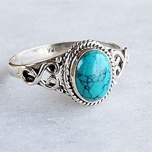 Gixaxak Turquoise Moonstone Ring Women's 925 Sterling Silver Ring Oval Cut Natural Bohemia Turquoise Jewelry Birthday Proposal Hollow Engagement Party Band Rings 6