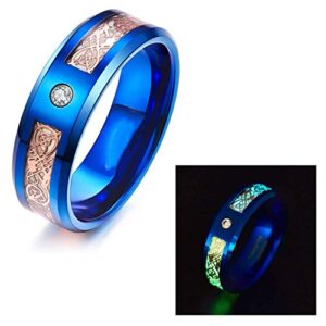 8mm Glow in The Dark Dragon Ring Royal Blue Stainless Steel Wedding Band Celtic Dragons Aurora Luminous Ring (8), Royal Blue,Blue