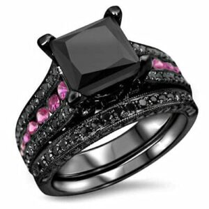 princess & round cut black diamond & pink sapphire 14k black gold plated 925 sterling silver gothic classic black bridal set for women's. (8)