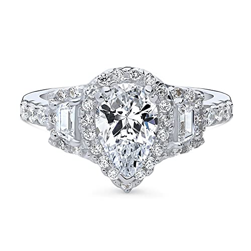 BERRICLE Sterling Silver 3-Stone Wedding Engagement Rings Pear Cut Cubic Zirconia CZ Halo Ring for Women, Rhodium Plated Size 9