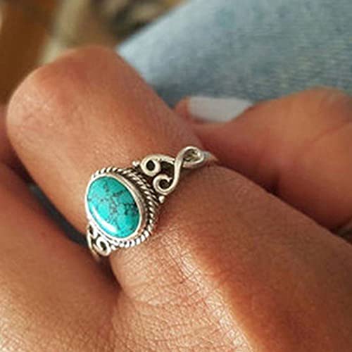 Gixaxak Turquoise Moonstone Ring Women's 925 Sterling Silver Ring Oval Cut Natural Bohemia Turquoise Jewelry Birthday Proposal Hollow Engagement Party Band Rings 6