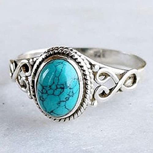 Gixaxak Turquoise Moonstone Ring Women's 925 Sterling Silver Ring Oval Cut Natural Bohemia Turquoise Jewelry Birthday Proposal Hollow Engagement Party Band Rings 6