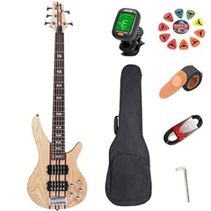 Electric Bass Guitar 4 Strings Full Size P Bass Beginner Kit Black for Starter with Gig Bag, Guitar Strap, and Guitar Cable (4) (5S)