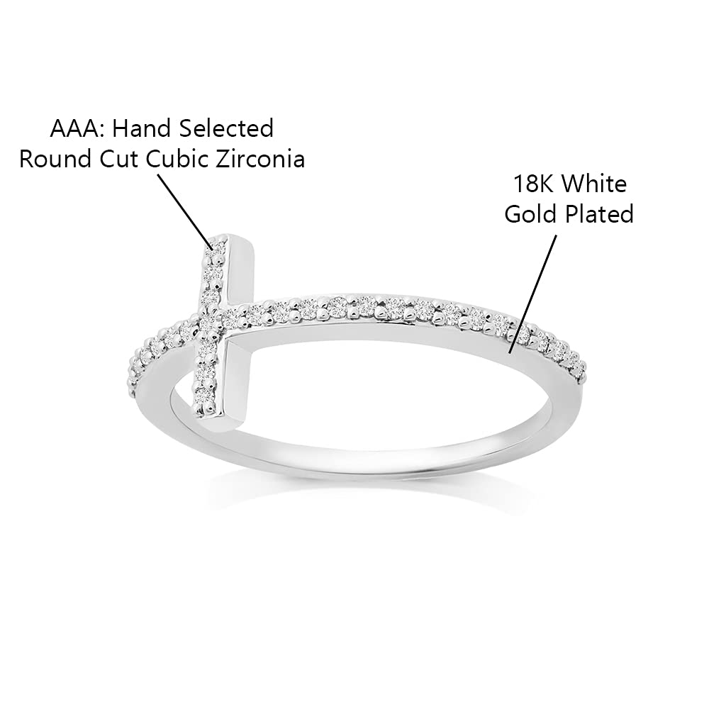 Savlano 18K White Gold Plated Round Cut Cubic Zirconia Sideways Cross Band Ring Women Religious Ring (9)