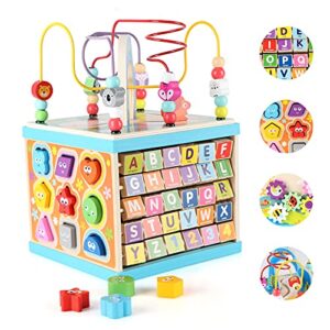 qilay wooden activity cube for toddlers 1-3 (large), 5 in 1 multipurpose abc-123 abacus bead maze shape sorter | early educational toy for toddlers - first birthday present for boys girls