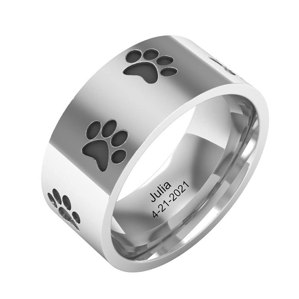 ZKXXJ Custom Paw Print Ring for Men Women,Stainless Steel Dog Cat Paw Engraved Memorial Band Personalized Name Date Pet Ring for Pets Lover Owner,Size 6-13