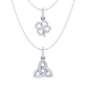 dainty four leaf clover and celtic trinity knot layered 1/20 cttw natural diamond pendant necklace set in 925 sterling silver