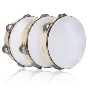 3 pack 8 inch tambourine for adults hand held wood tambourine metal jingles musical educational instrument rhythm percussion tambourine for ktv, party, church (single row)