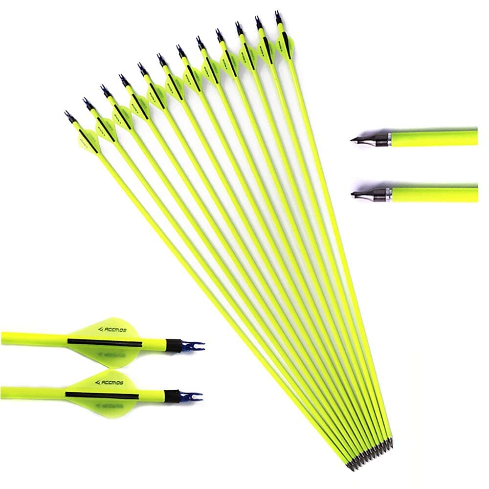 ACCMOS 24 Inch Arrow 500 Spine Arrow Target Practice Arrow Hunting Arrow Carbon Arrows Compound Bow Recurve Bow Adult Youth Archery Indoor Outdoor Shooting Field Tip 12pc Yellow