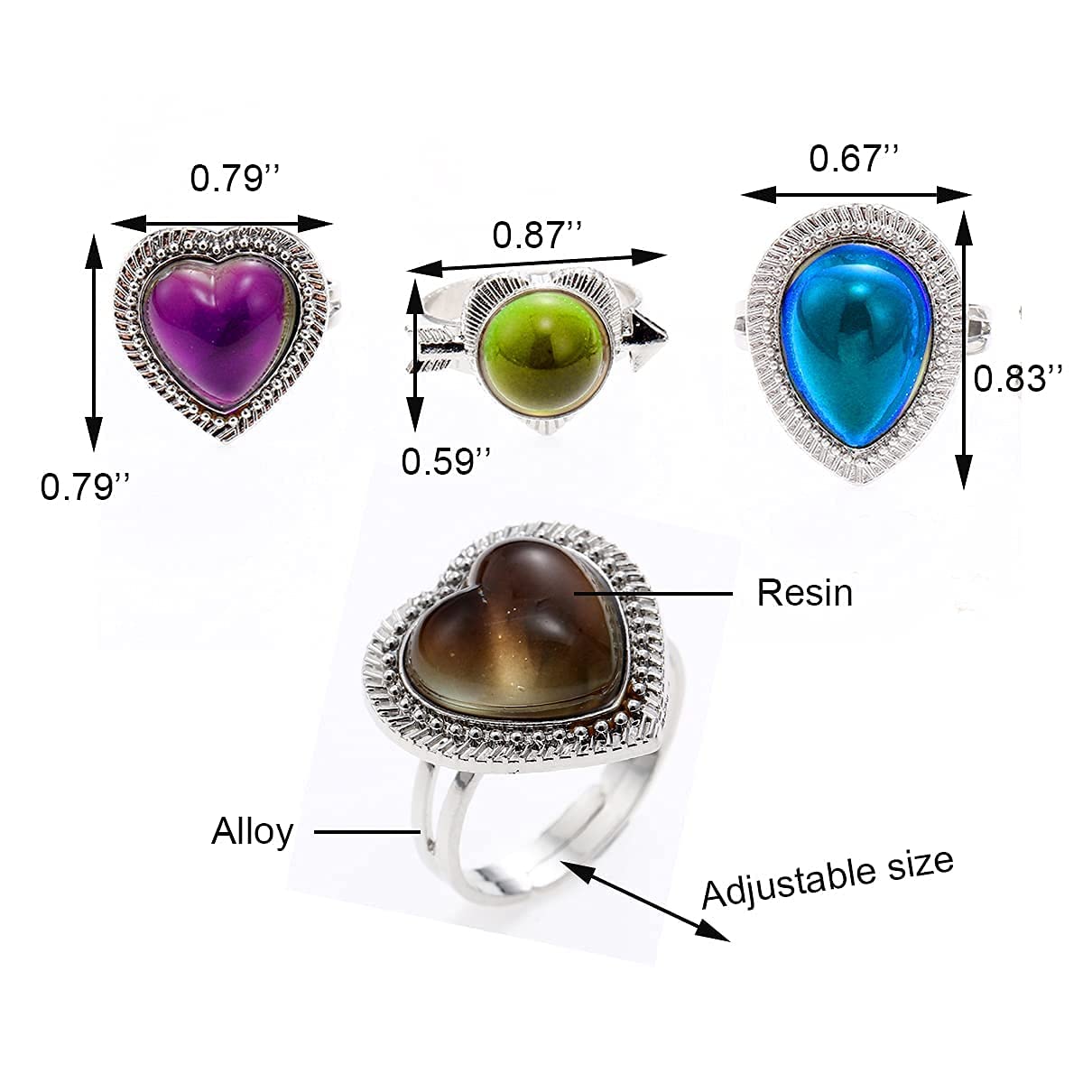 LUBINGSHINE 3 Pieces Mood Ring Changes Colors When Emotion Feeling Changes Adults Heart Water Drop Mood Rings for Women (Heart & Drop)