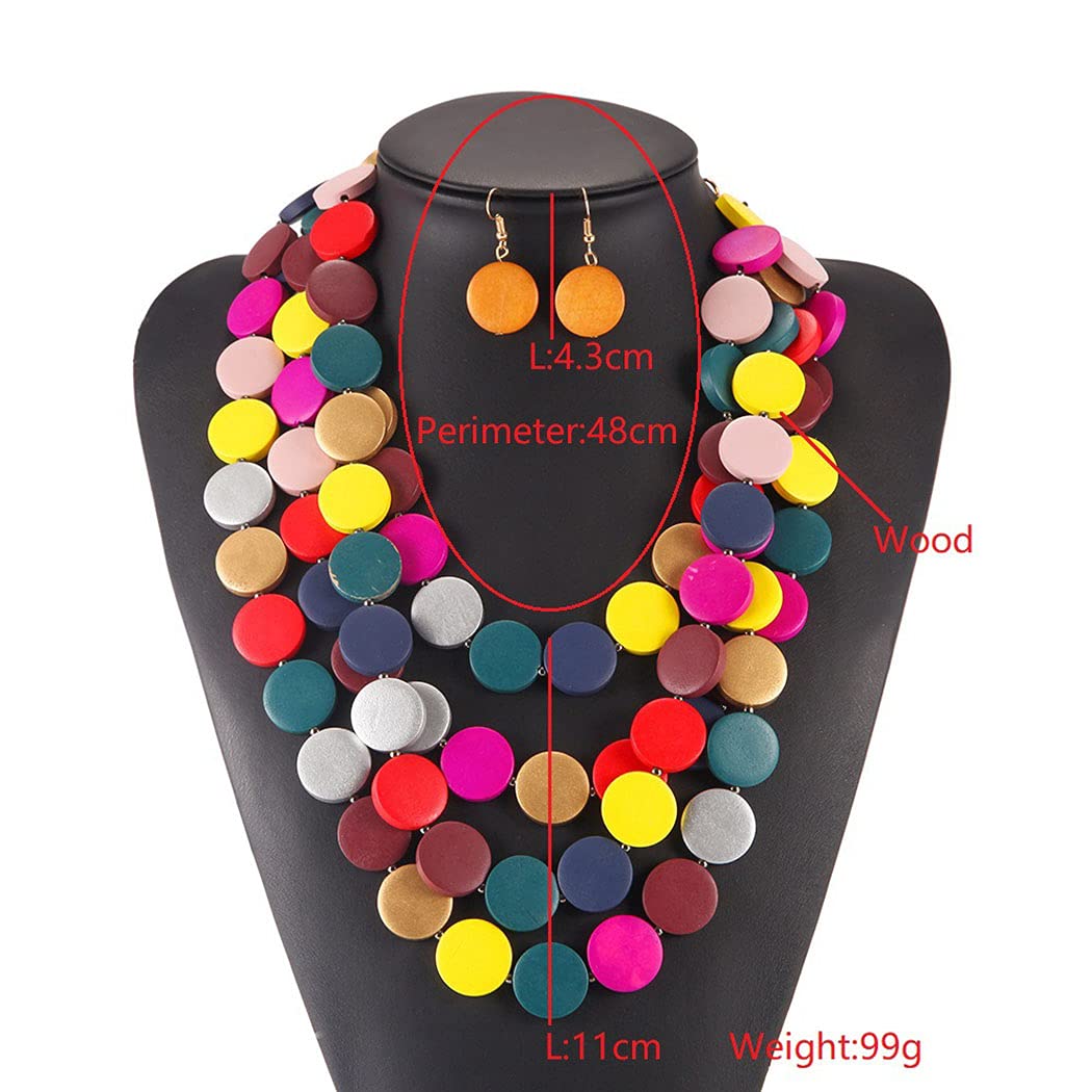 Barode Statement Layered Necklace Multicolor Wood Bead Chunky Beaded Bib Necklaces with Earings Long Multi Strand African Necklace Costume Jewelry for Women (Style 2)