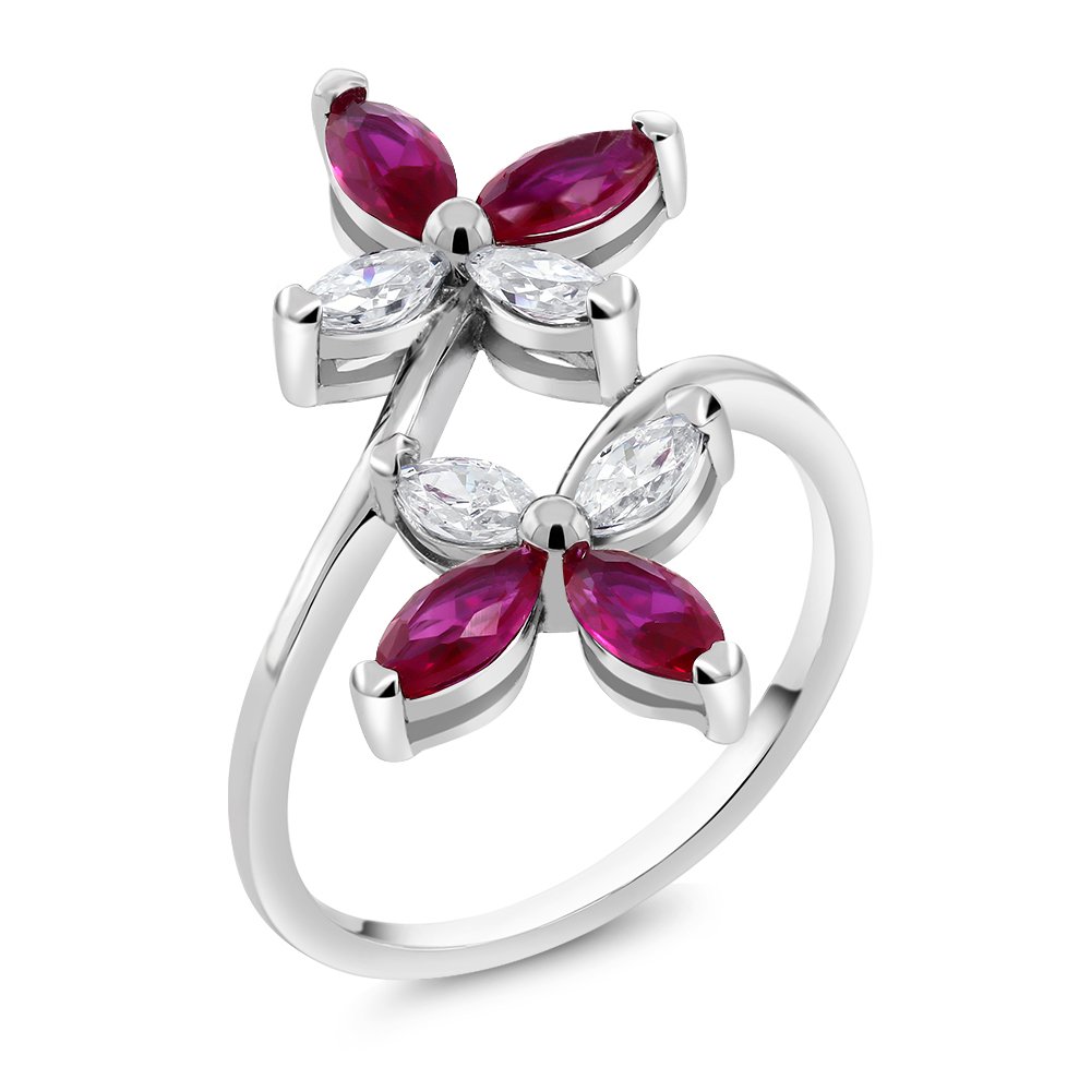 Gem Stone King 925 Sterling Silver Created Ruby Butterfly Flower Ring For Women