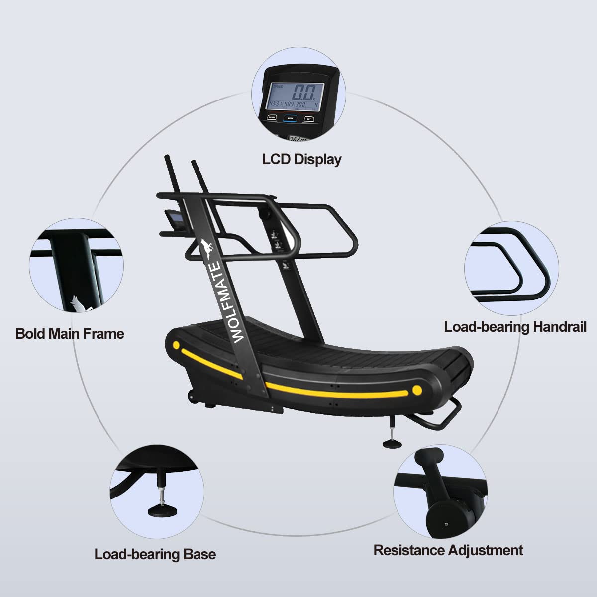 WOLFMATE Fitness Curved Treadmill, Air Runner, Non-Electric Motorized Treadmill with Resistance Adjustment MND-Y600B-1