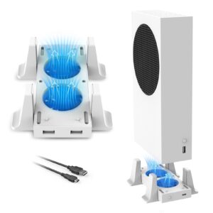 nexigo vertical stand with cooling fans for xbox series s console, 3 levels adjustable fans rotate speed with type-c power input, usb charging and data transmission ports, white