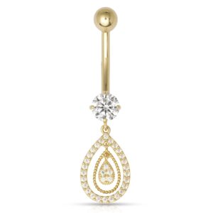 jewelryweb solid 10k yellow gold 14g tear-drop dangling simulated diamond cz belly ring (10mm x 35mm)