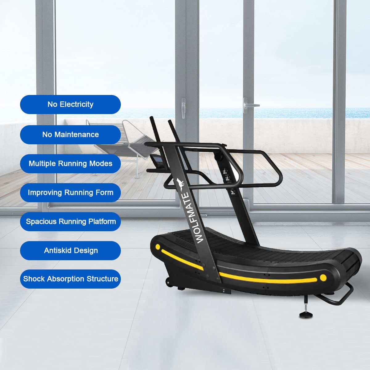 WOLFMATE Fitness Curved Treadmill, Air Runner, Non-Electric Motorized Treadmill with Resistance Adjustment MND-Y600B-1