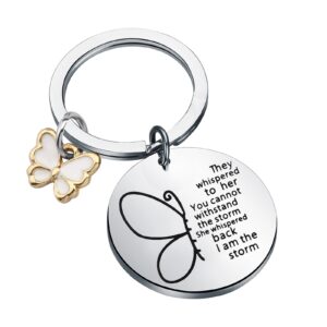 fustmw butterfly inspirational gifts i am the storm keychain encouragement gifts butterfly lover gifts they whispered to her you cannot withstand the storm (silver)