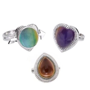 lubingshine 3 pieces mood ring changes colors when emotion feeling changes adults heart water drop mood rings for women (heart & drop)