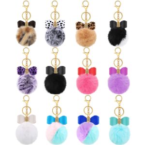 hicarer 12 pieces fluffy pom pom keychain bulk bow rhinestone faux pompoms keyring for women bags craft, 12 colors(chic colors)