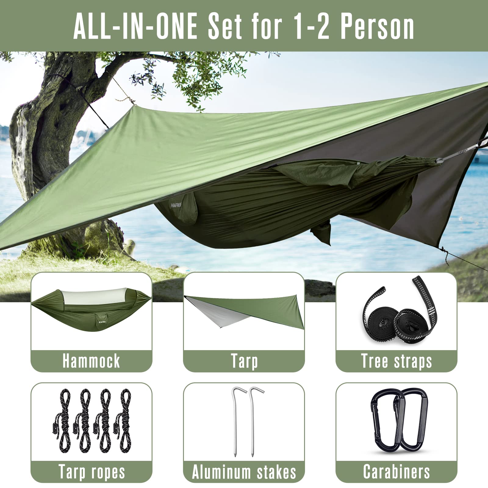 G4Free Large Camping Hammock with Mosquito Net and Rain Fly- 2 Person Portable Hammock with Bug Net and Tent Tarp, Hammock Tent for Outdoor Hiking Camping Backpacking Travel