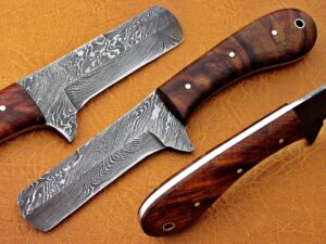 black smith custom knives dm-bc-01 handmade damascus steel bull cutter cowboy hunting castration and skinning knife, 8" rose wood handle, fixed blade edc knife with leather sheath